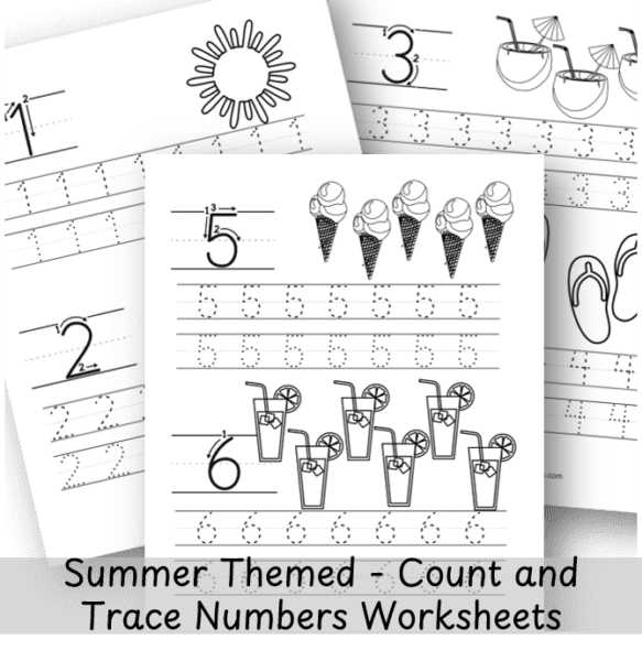 Summer Themed – Count and Trace Numbers Worksheets